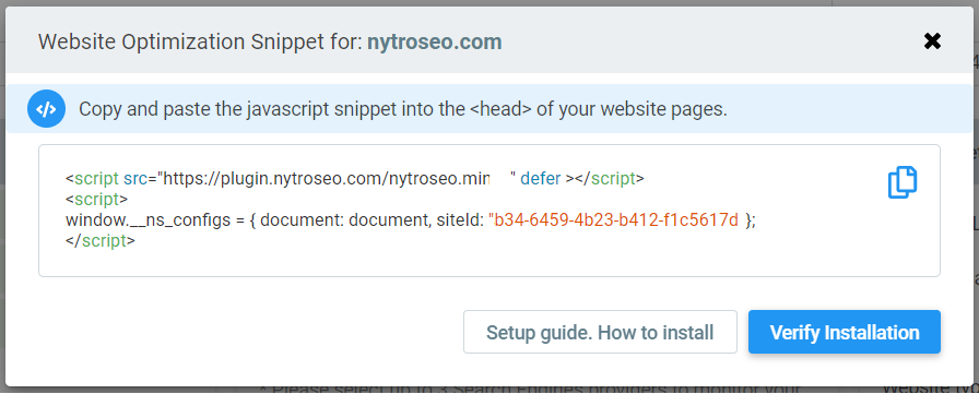 Adding the NytroSEO Optimization snippet to your website Adding the NytroSEO Optimization snippet to your website